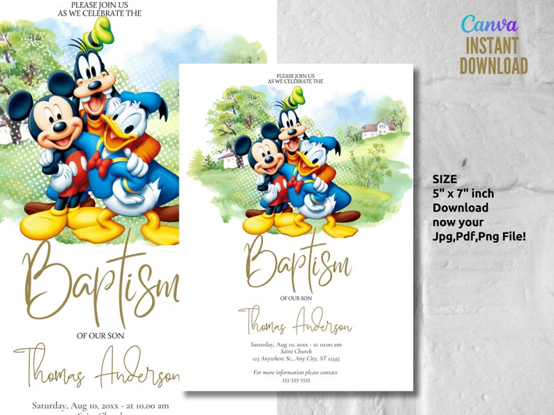 Mickey and Friends, Baptism Invitation Template, Donald Duck, Goofy and ...