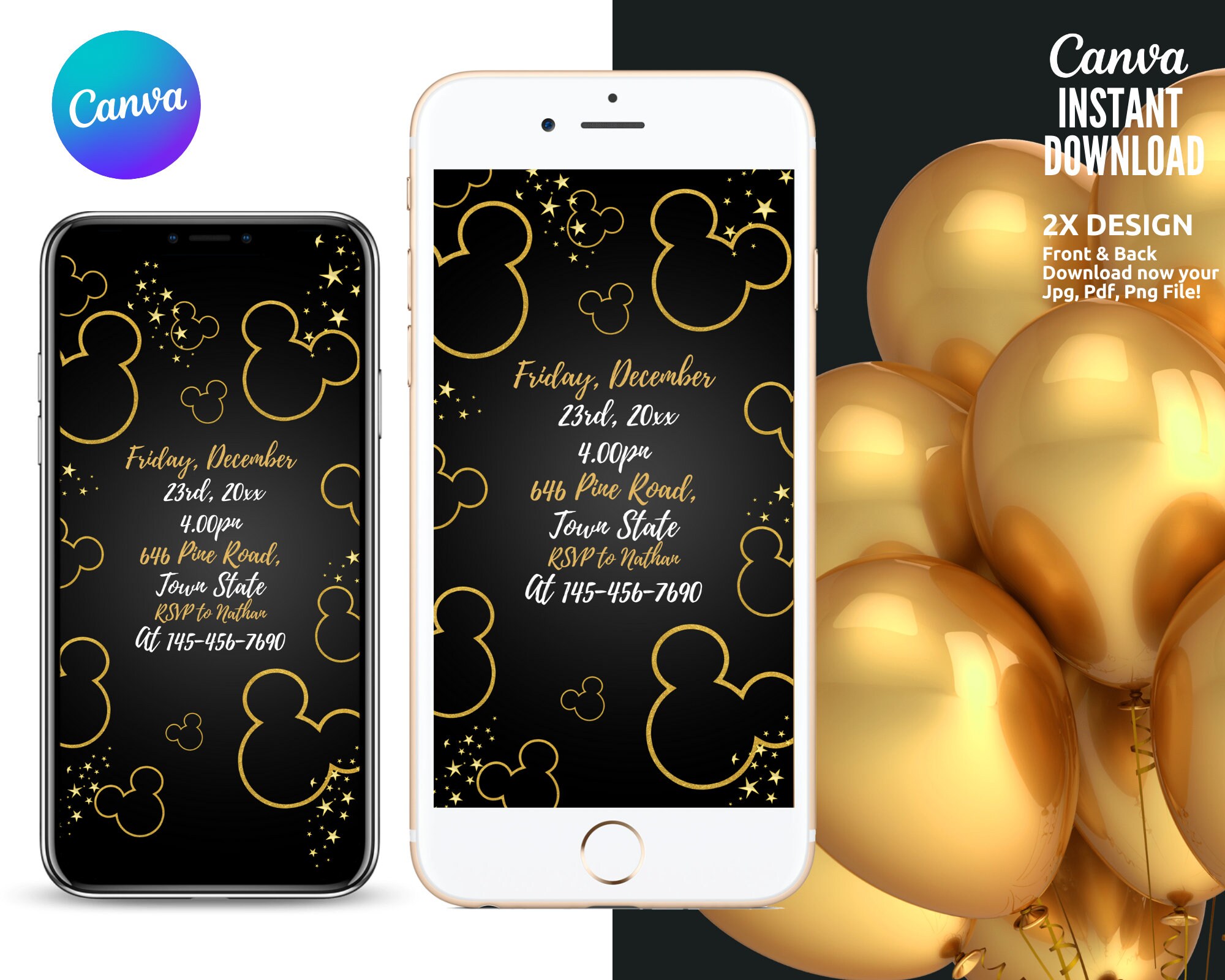 Mickey Mouse Invitation Phone Birthday, Mickey Mouse Gold Party ...