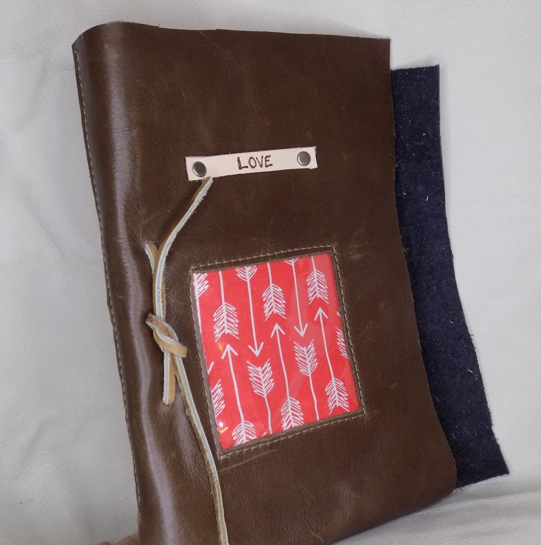 Brown Leather Covered Journal With Red Arrow Fabric and Love Tag - Etsy