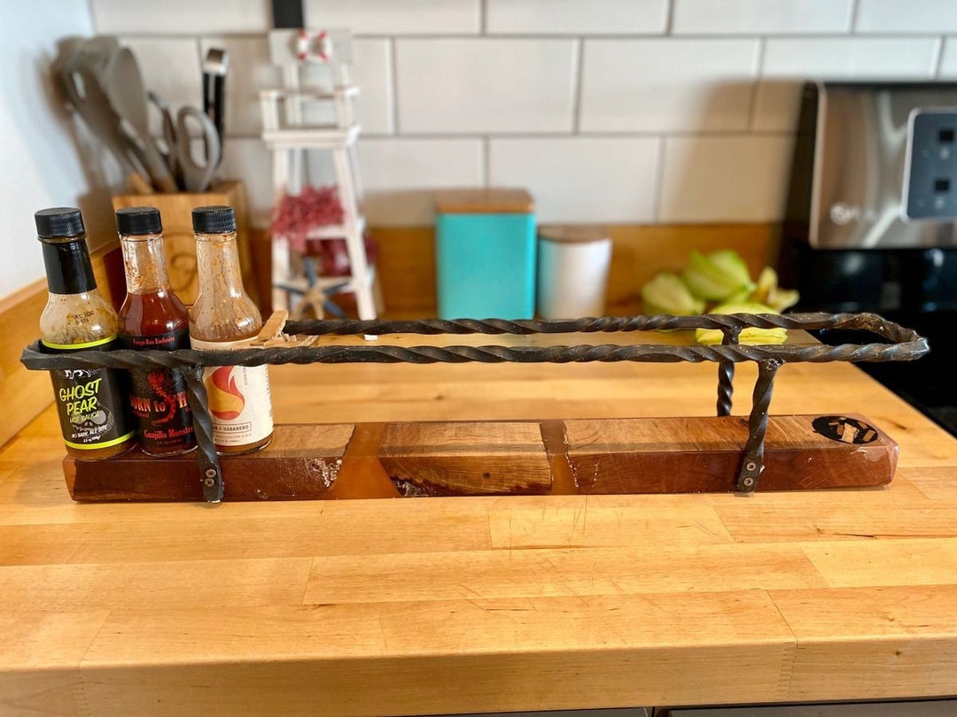 Custom Hot Sauce or Bottle Display With Blacksmithed Railing - Etsy