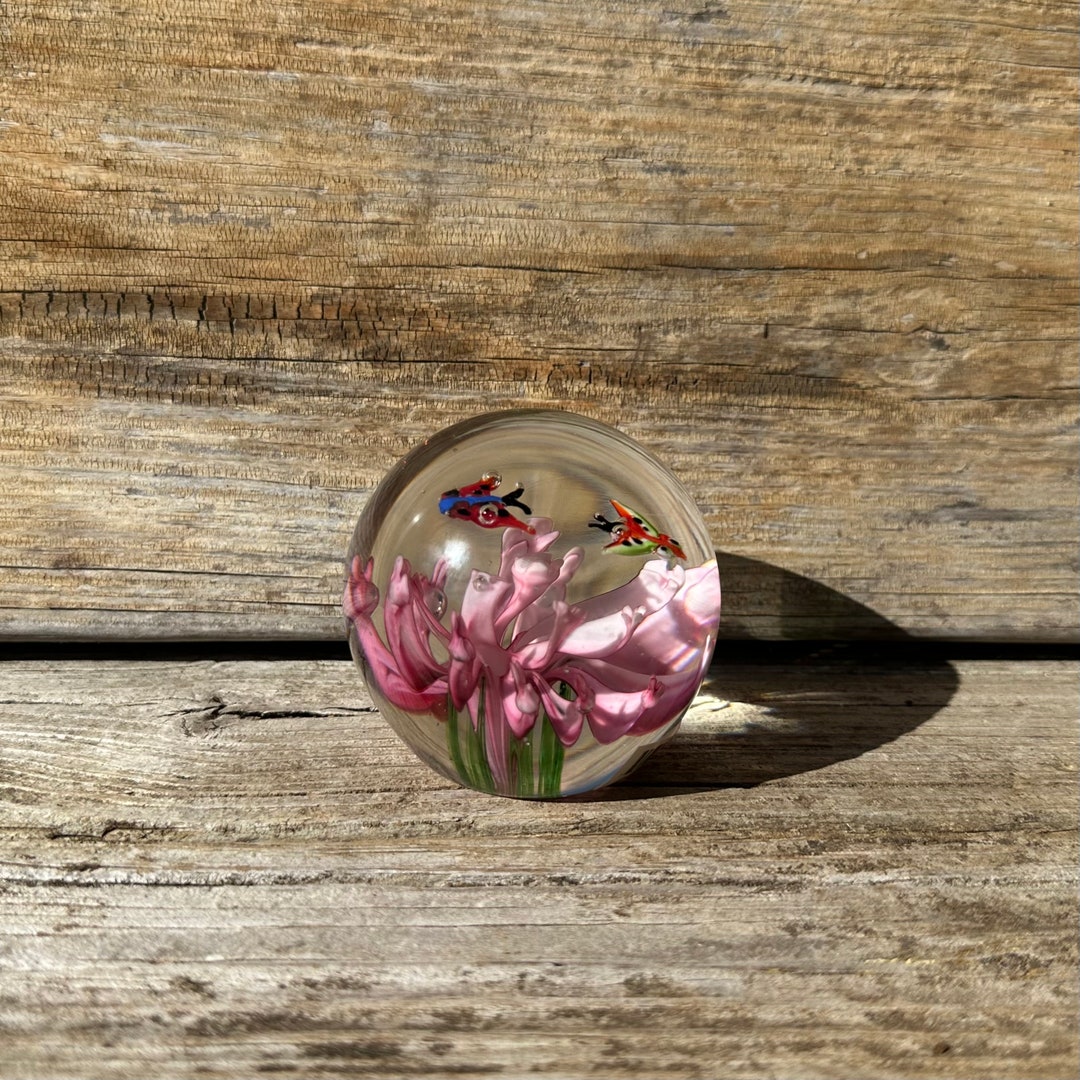 Glass Paperweight With Pink Flower and Butterflies - Etsy