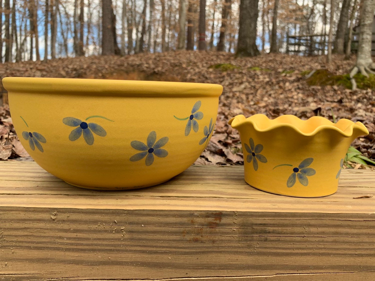 Set of Two Matte Yellow Bowls With Blue Flowers Hanc Sopot - Etsy
