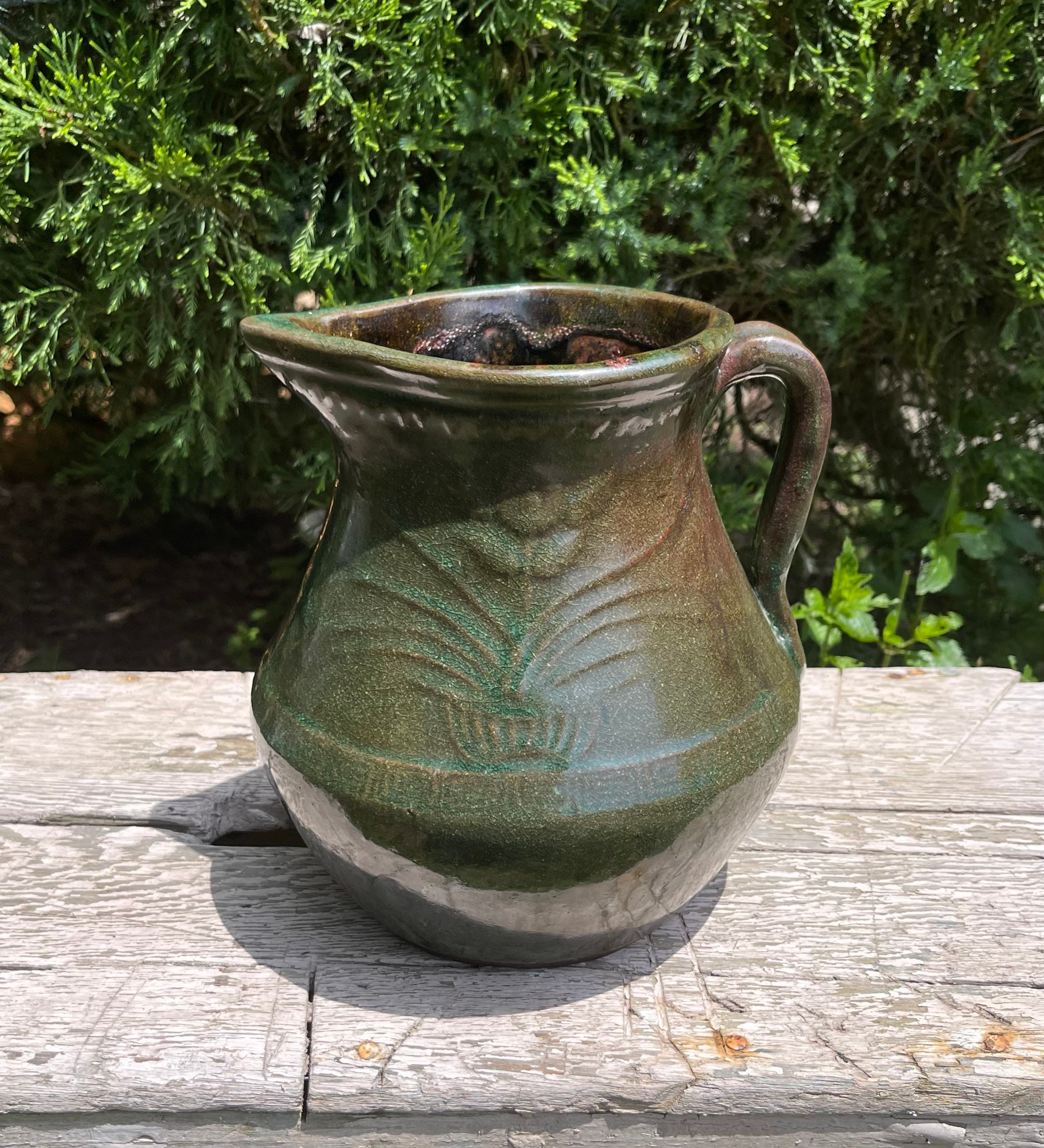 Gorgeous Vintage Green Glazed Pitcher With Floral Decor - Etsy