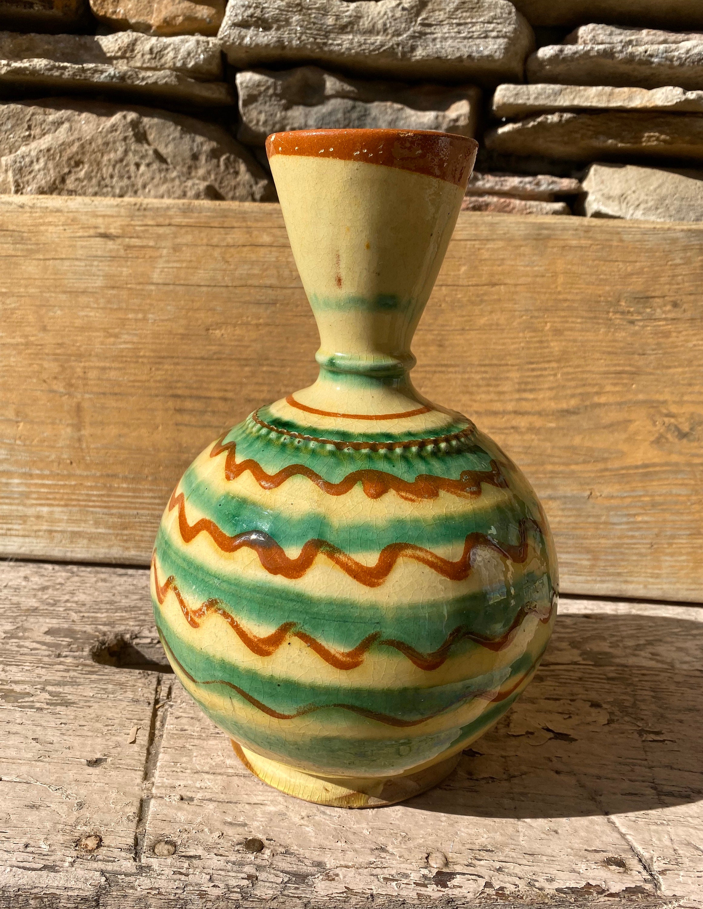 Hand Decorated Mexican Water Jug With Yellow Green and Brown | Etsy