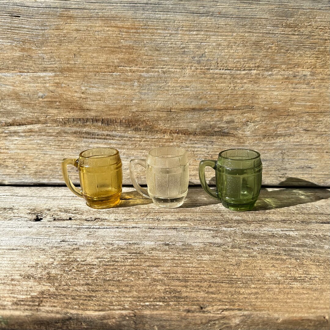 Three Glass Barrel Shot Glass Mugs With Handles Toothpick Holders Green ...
