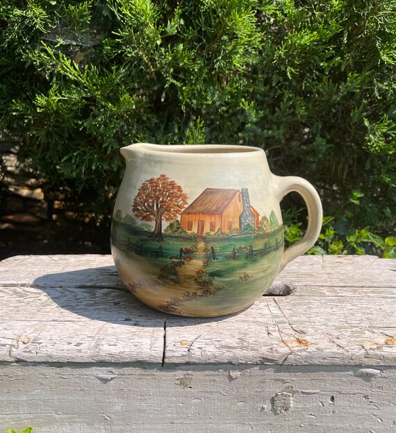 Large Blue Banded Stoneware Pitcher With Painted Homestead - Etsy