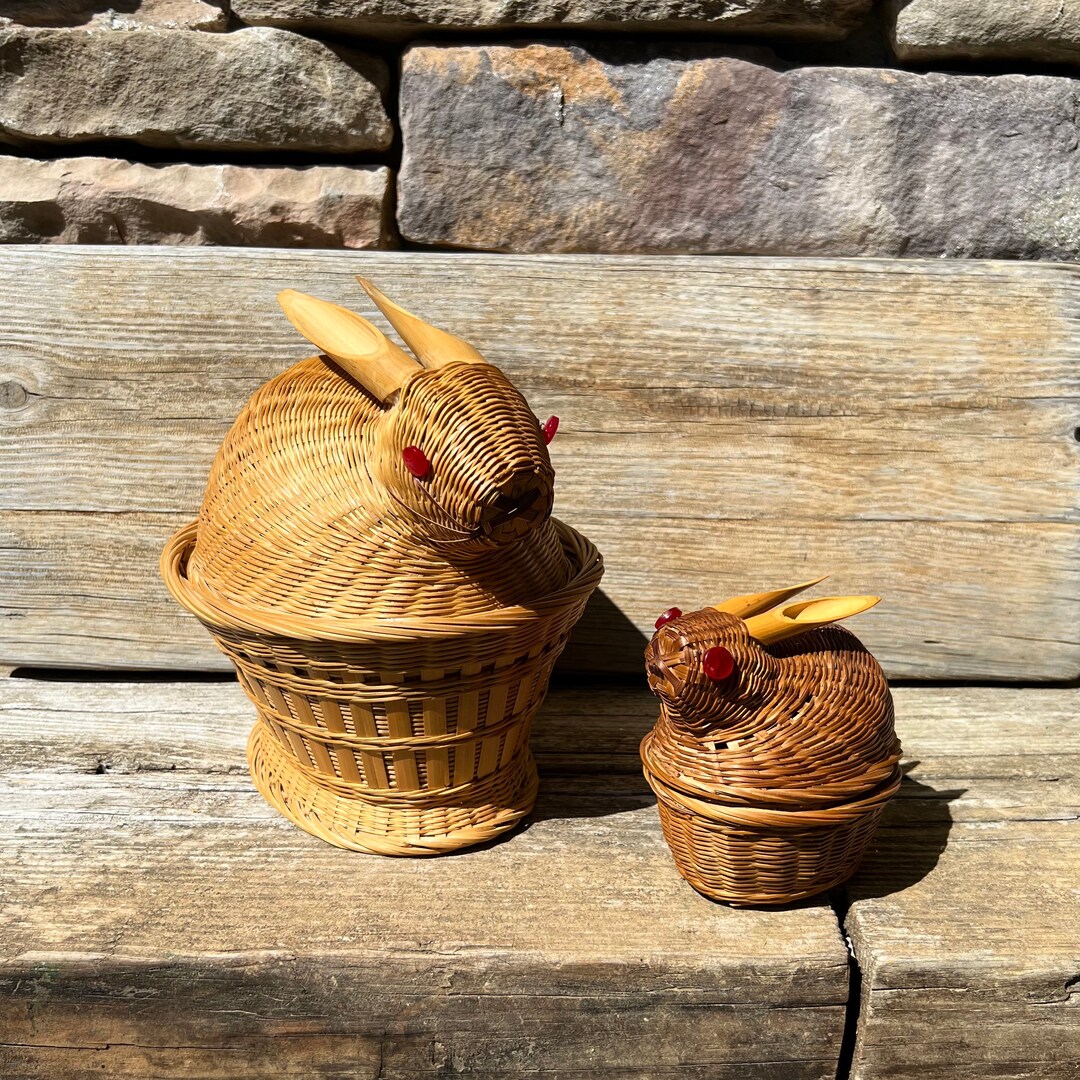 Two Adorable Wicker Rabbit Shaped Baskets With Red Button Eyes and ...