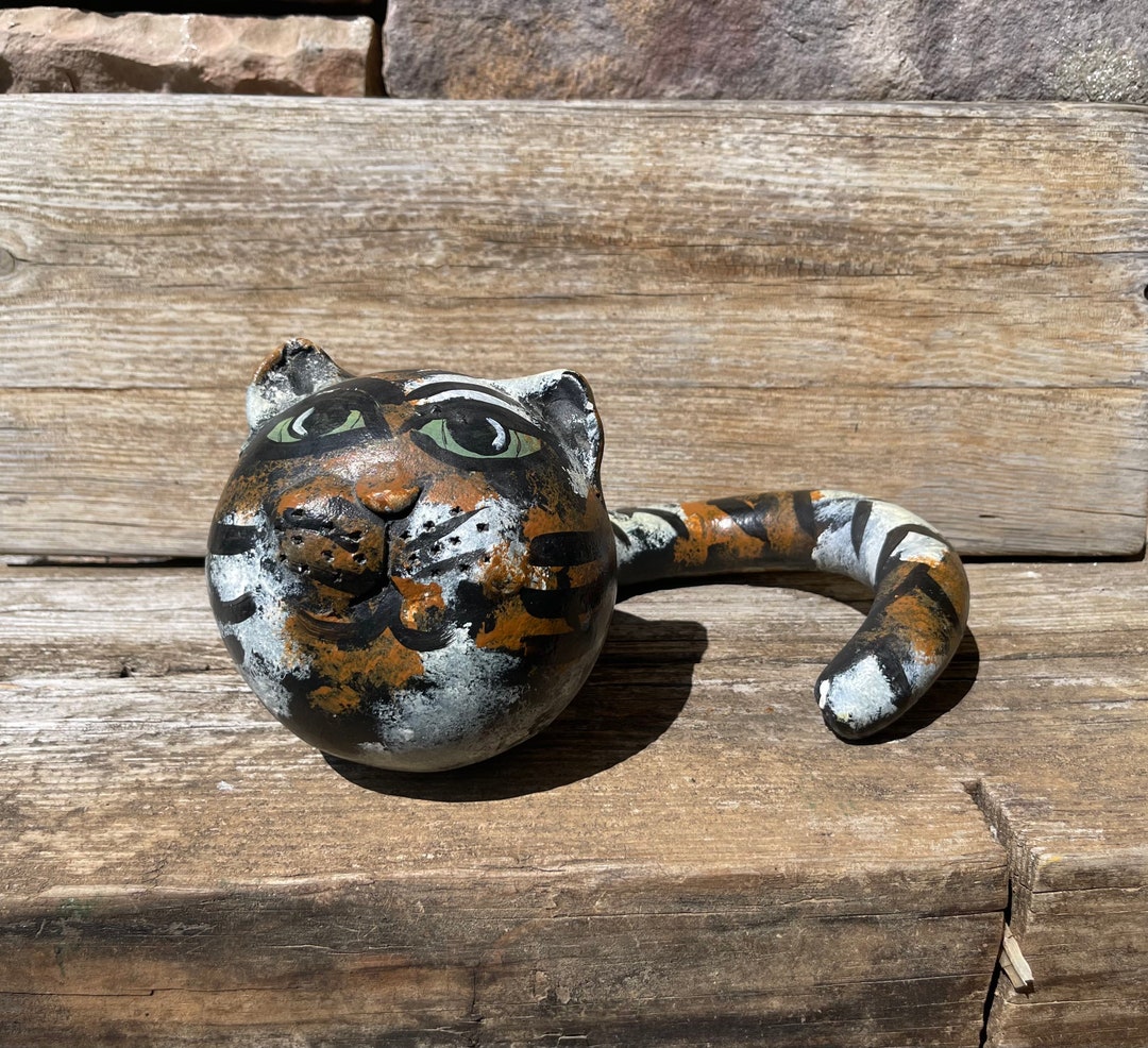 Folk Art Hand Painted Sculpture Cat Gourd Animal Signed Malcomb 02 - Etsy