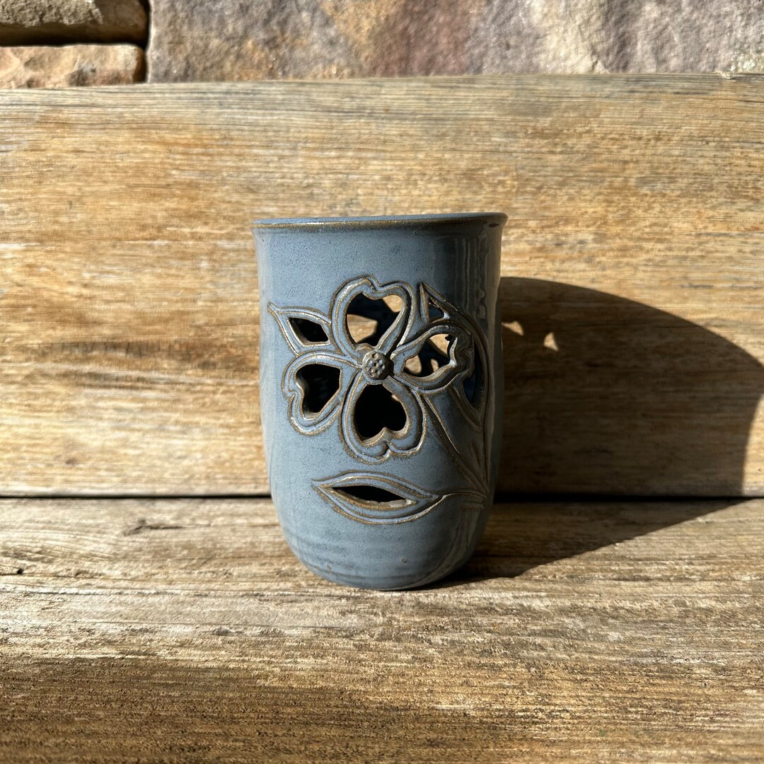 JR Cooper Pottery Blue Glazed Cut Out Flower Vase or Luminary - Etsy