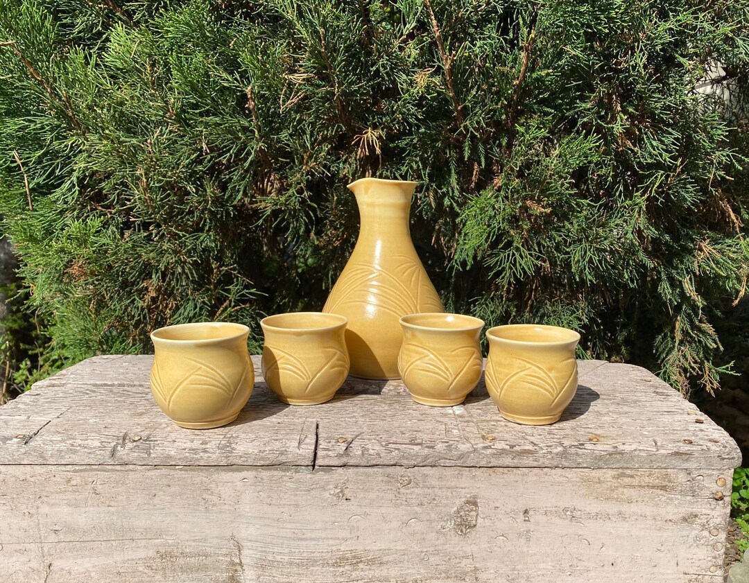 Lori Cole Pottery Carafe and Cups Set: Yellow Matte Glaze, Signed - Etsy