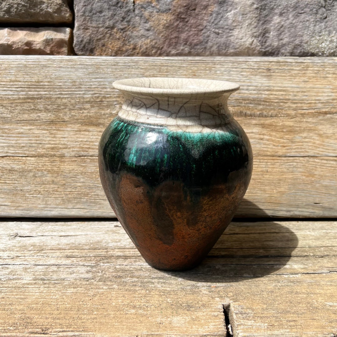 Raku Pottery Round Vase White Rim With Rich Green Drip to Copper Glaze ...