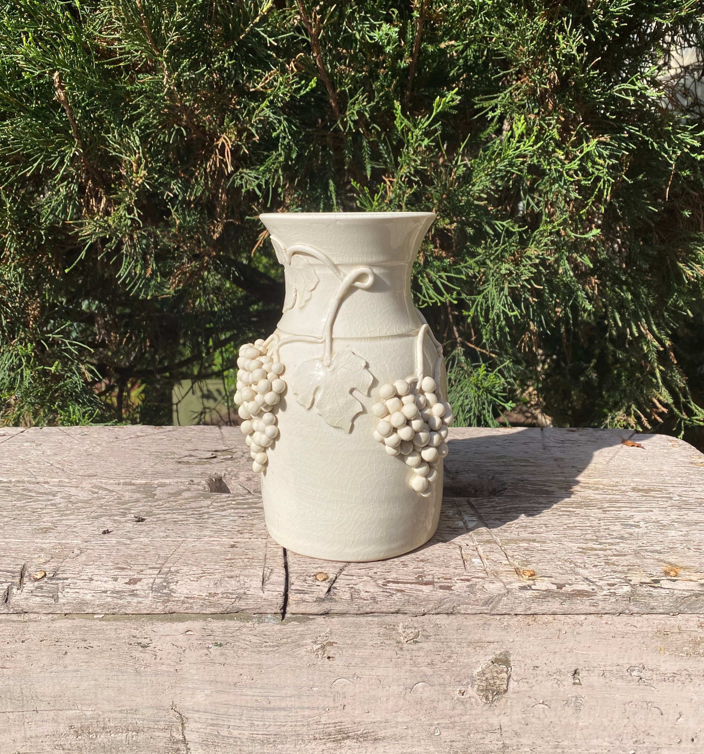 White Hand Turned Pottery Vase With Applied Grapes and Vines | Etsy