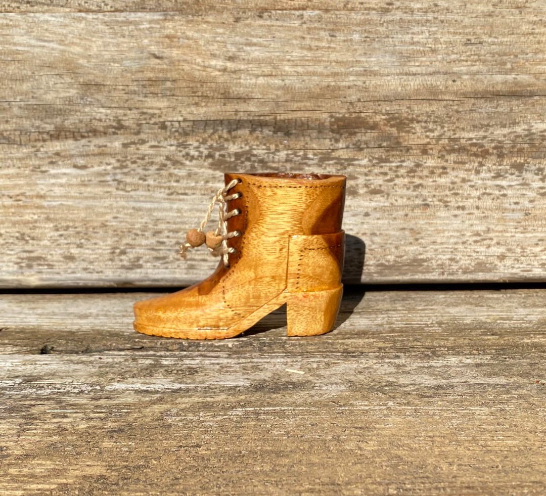 Small Hand Carved Wooden Laced Boot Bohemian Folk Art Signed Red the ...