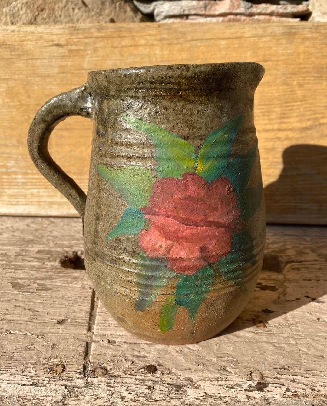 7 Primitive Colorful Pitcher With Folk Art Painting of Red Flower by ...