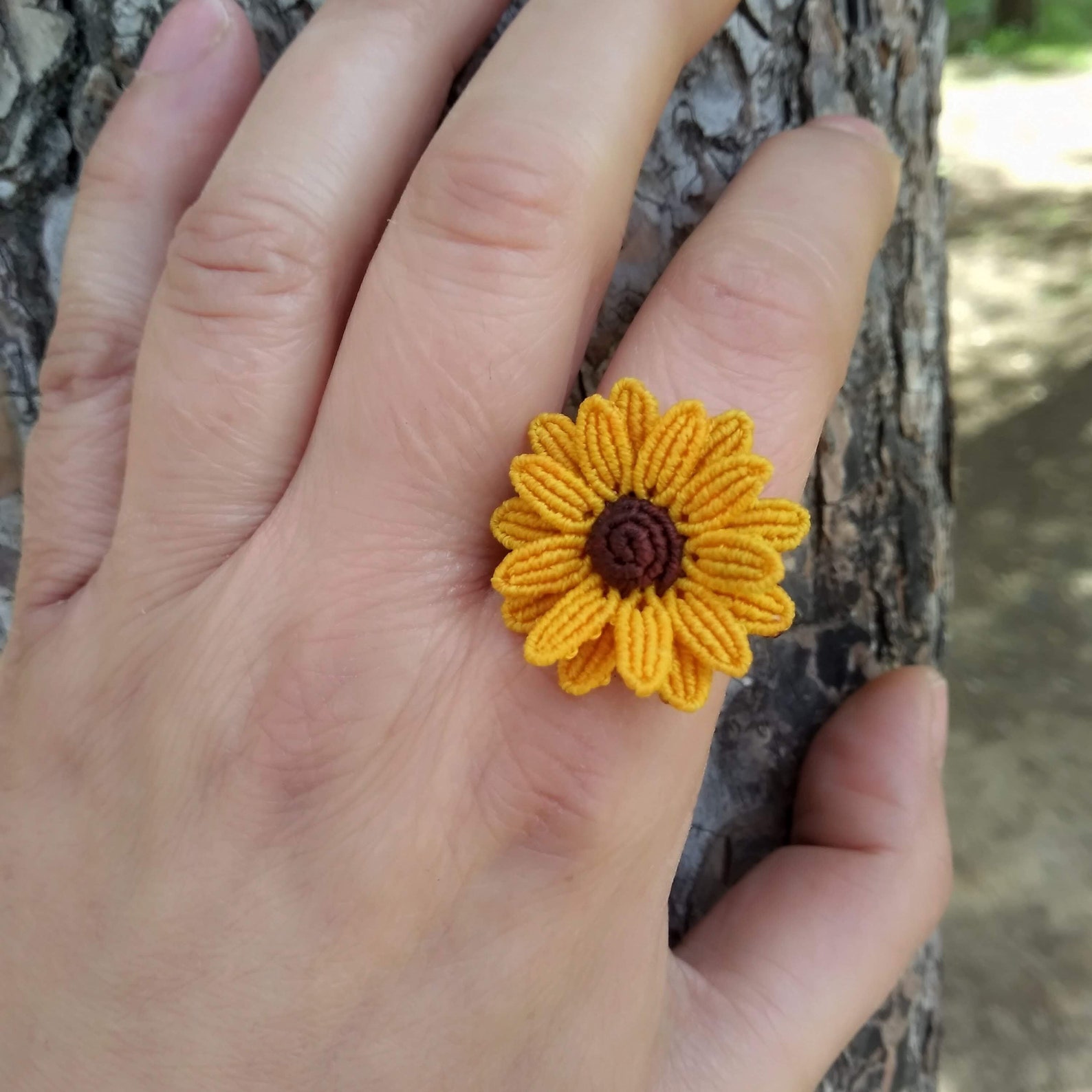 Macrame Sunflower Ring, Yellow Sunflower Ring, Big Flower Ring ...