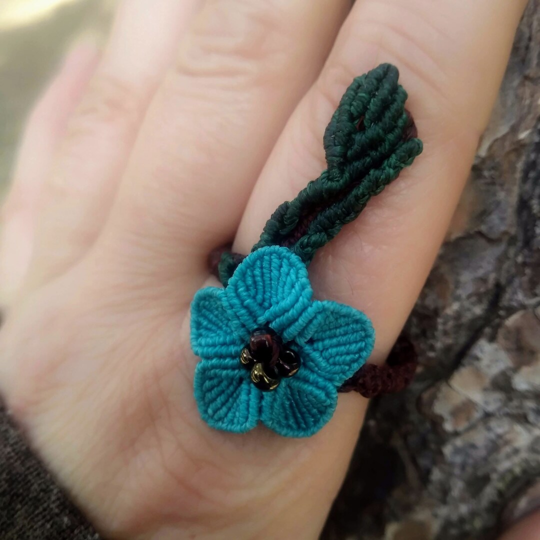 Macrame Flower Ring, Floral Bypass Ring, Adjustable Open Ring, Wrap ...