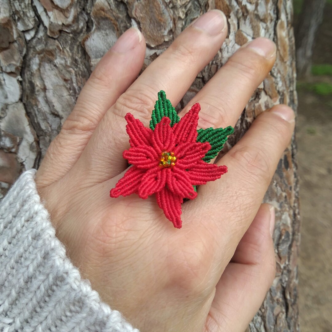 Macrame Poinsettia Ring, Floral Adjustable Ring, Colourful Hippie Ring ...