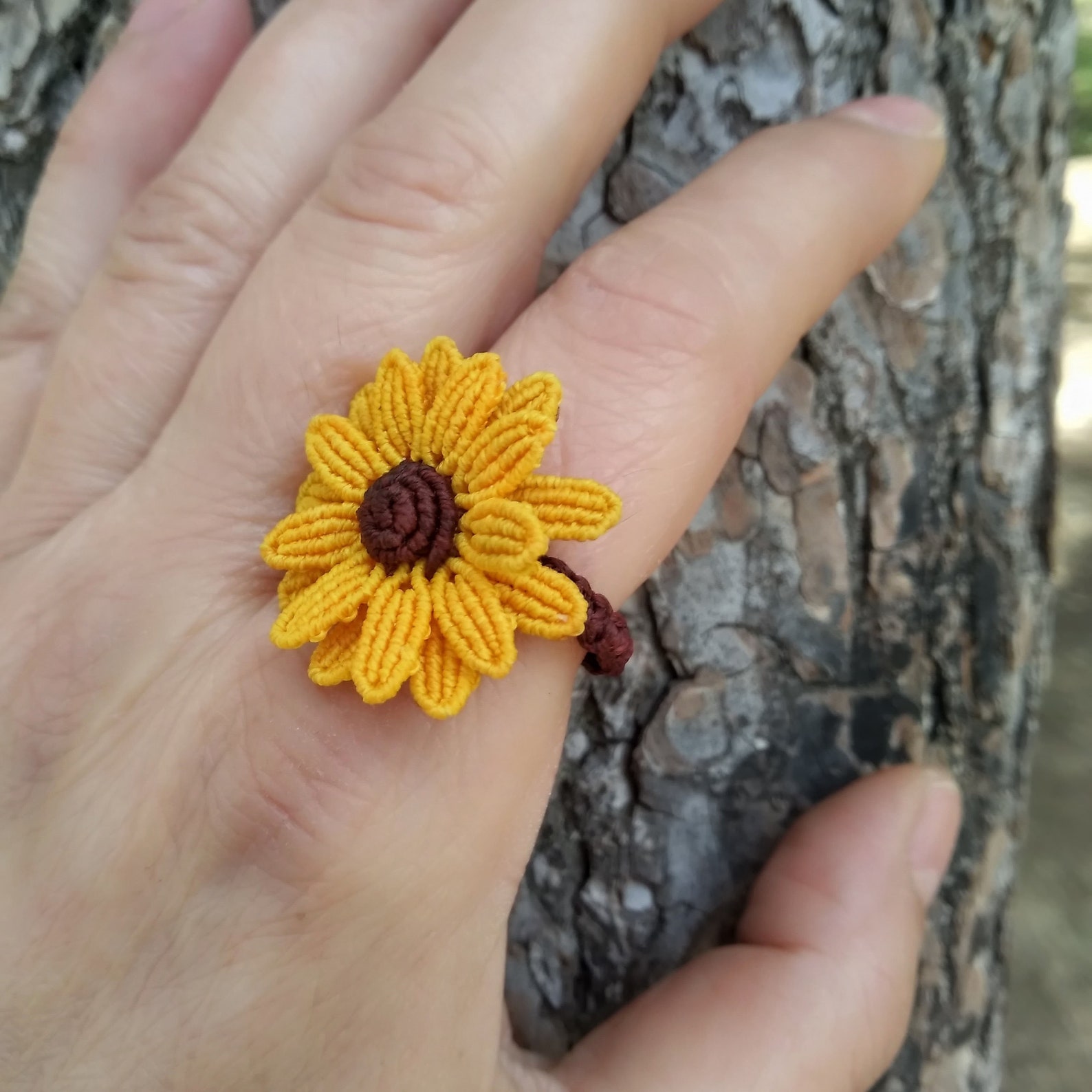 Macrame Sunflower Ring, Yellow Sunflower Ring, Big Flower Ring ...