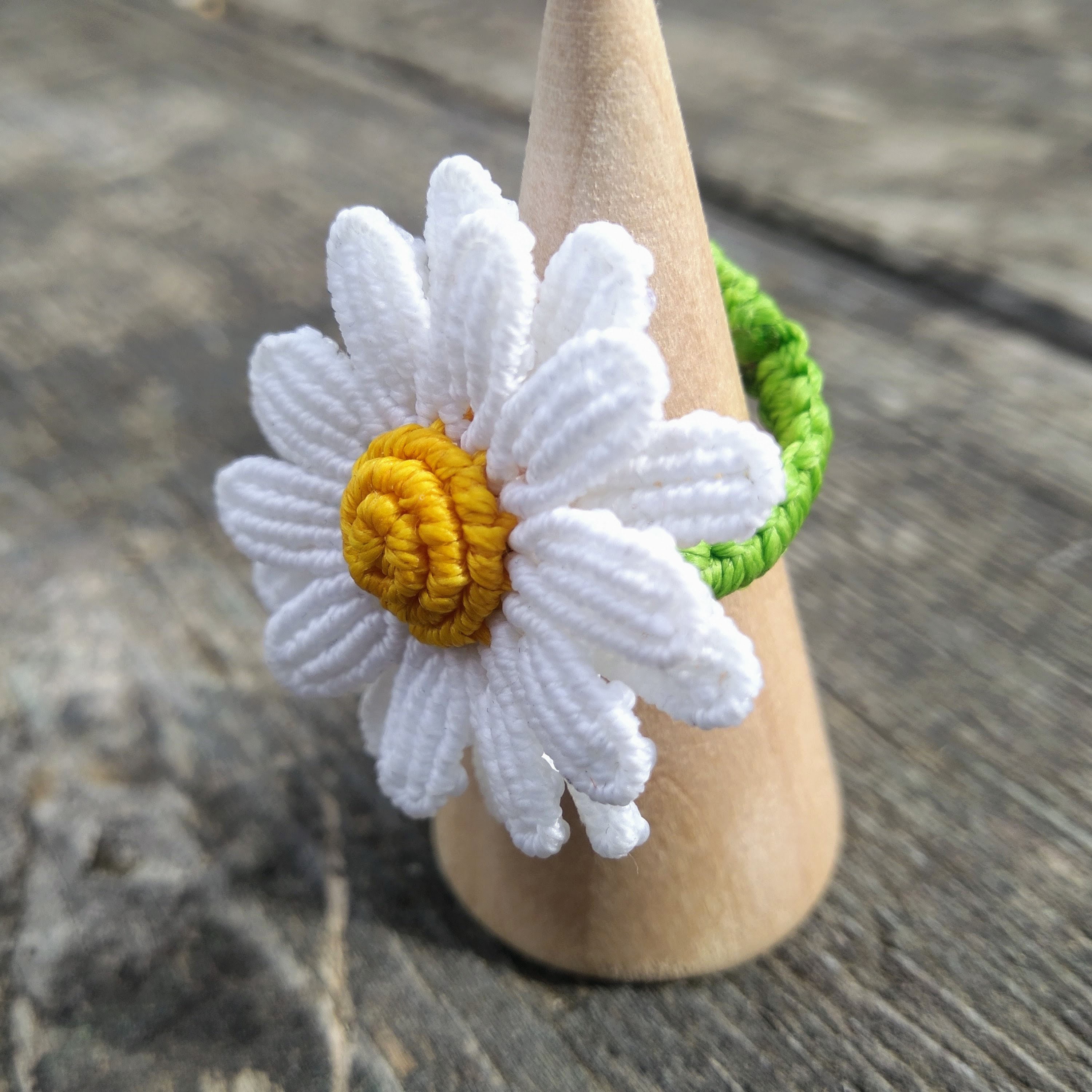 Macrame Daisy Ring, Open Adjustable Ring, Colourful Floral Ring, Hippie ...