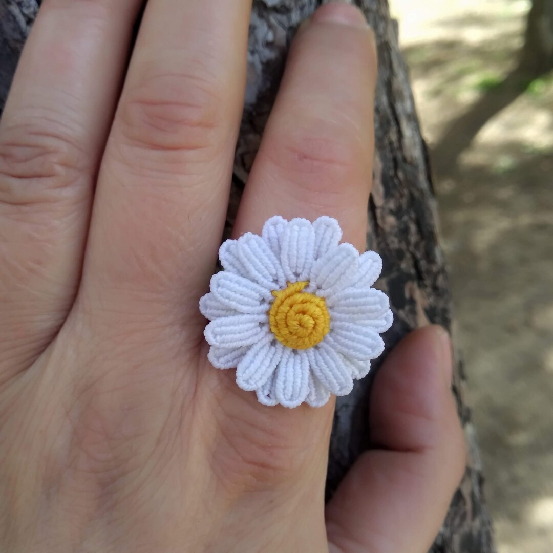 Macrame Daisy Ring, Open Adjustable Ring, Colourful Floral Ring, Hippie ...