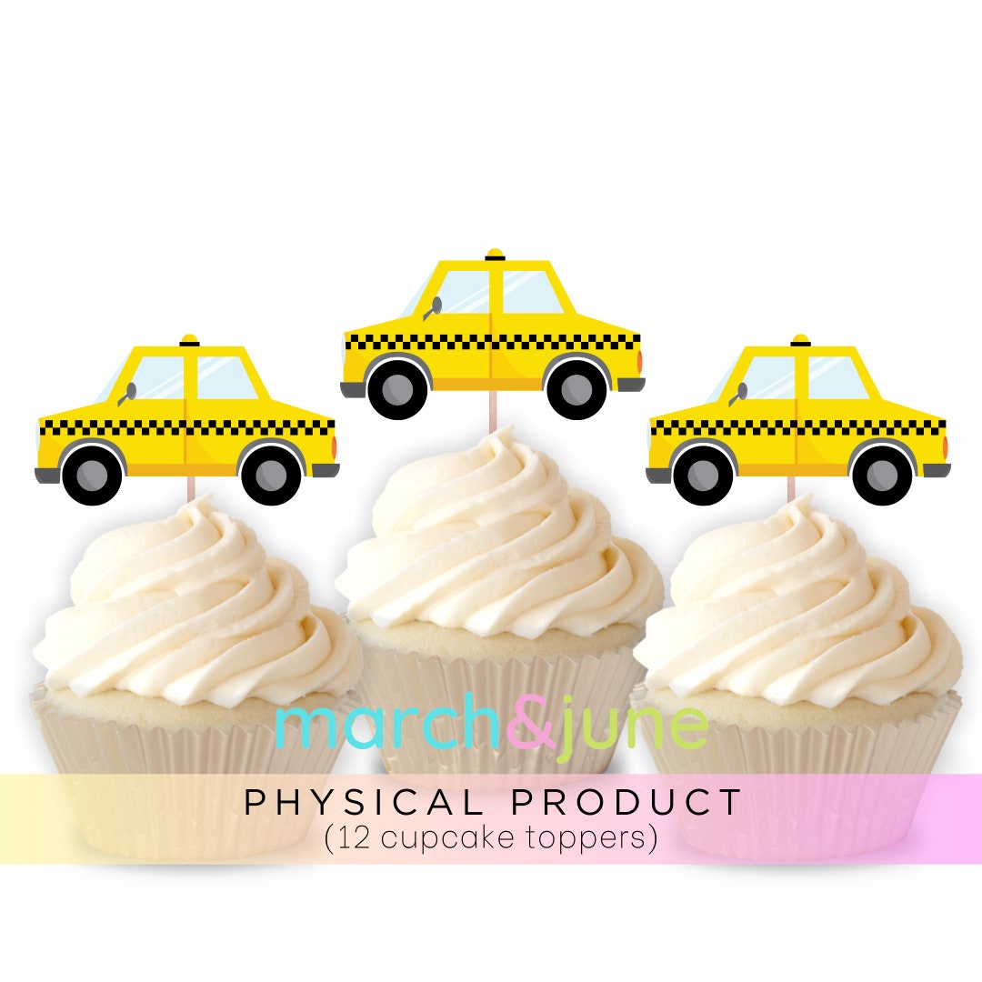 Taxi Cupcake Toppers, Set of 12, Birthday Theme, New York, Yellow Cab ...