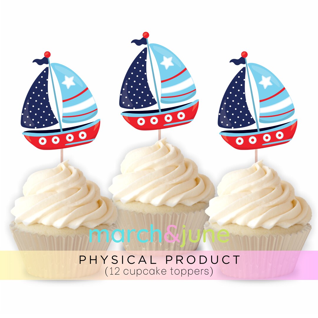 Nautical Cupcake Toppers, Set of 12, Anchor, Sailboat, Ahoy, Sailor ...