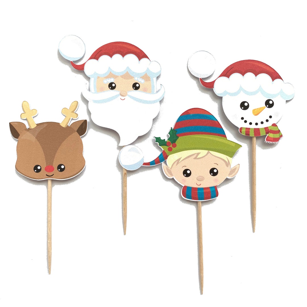 Christmas Cupcake Toppers, Set of 12, Santa Claus, Rudolf, Elf, Snowman ...