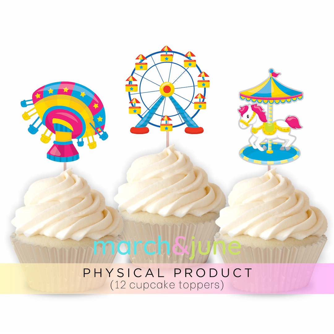 Amusement Park Cupcake Toppers, Set of 12, Birthday Party Theme, Merry ...
