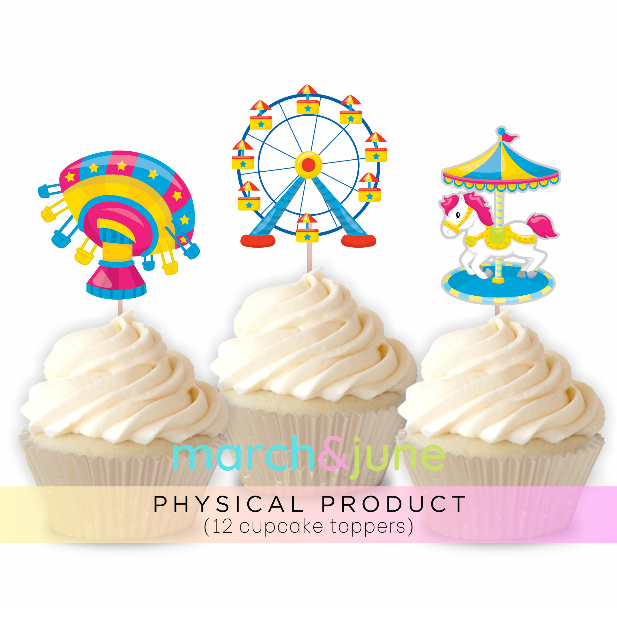 Amusement Park Cupcake Toppers, Set of 12, Birthday Party Theme, Merry ...