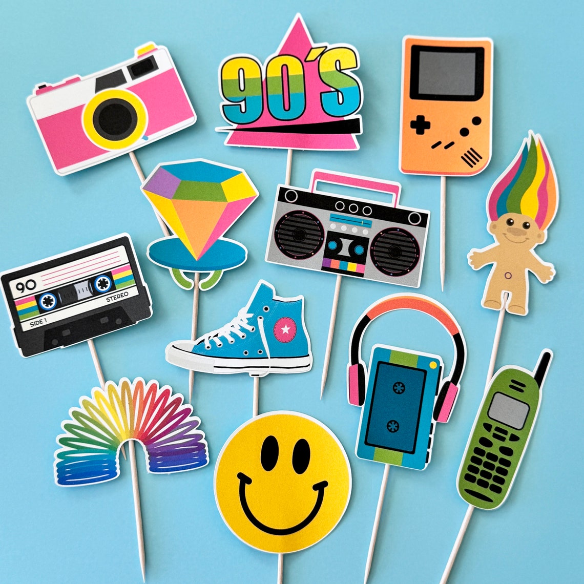 90s Party Cupcake Toppers, Set of 12, Birthday Party Theme Decorations ...