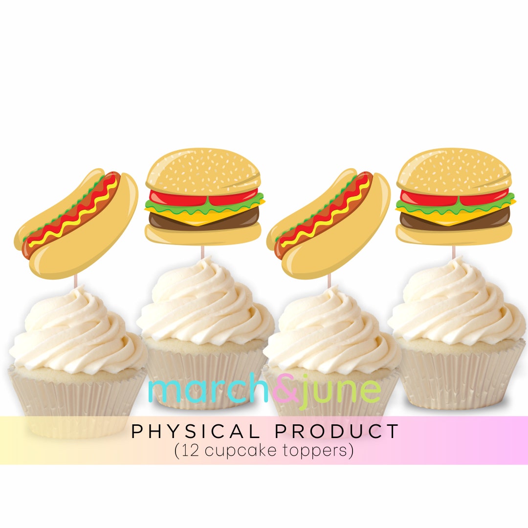 Burger Hotdog Cupcake Toppers, Set of 12, BBQ Party, Food Theme ...