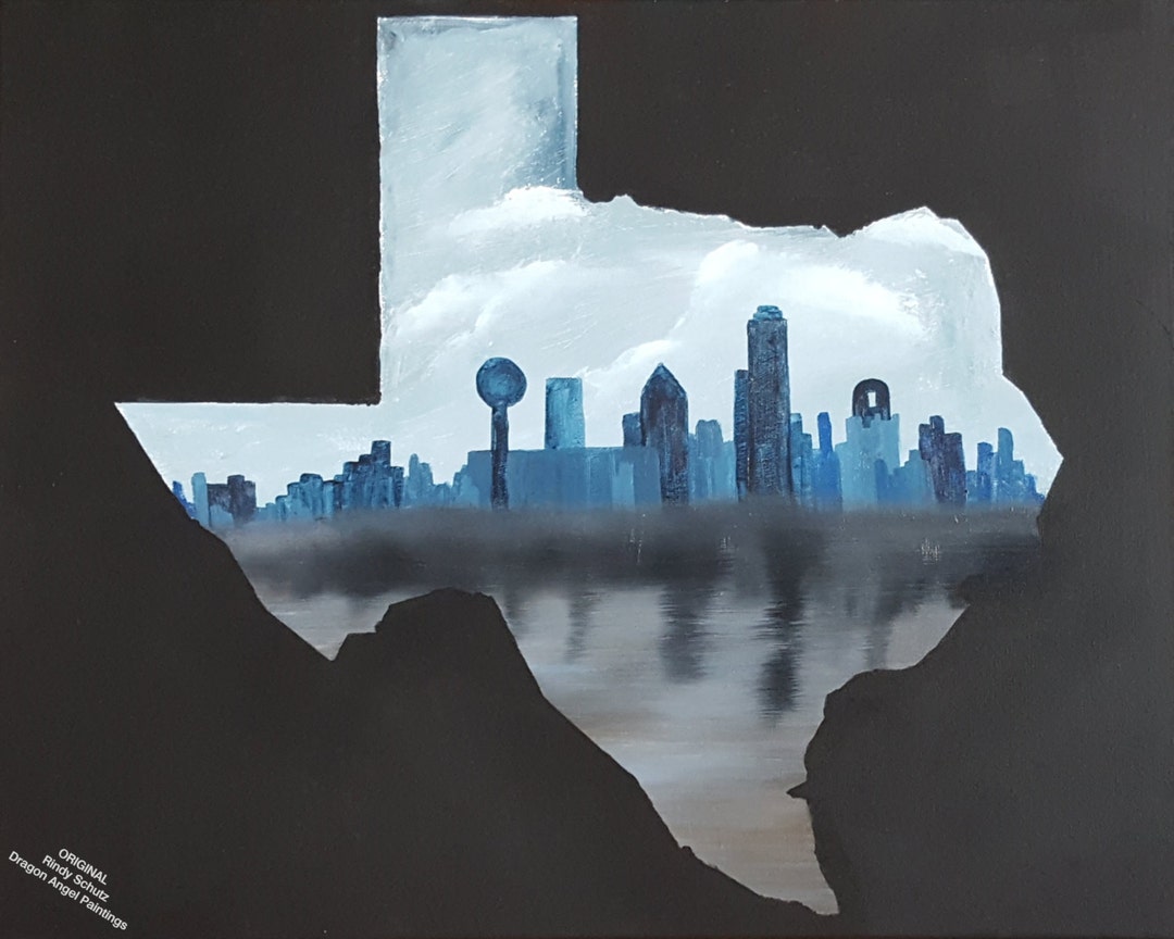 Dallas Skyline Painting, Texas Art, Blue Cityscape Painting, Home Decor ...