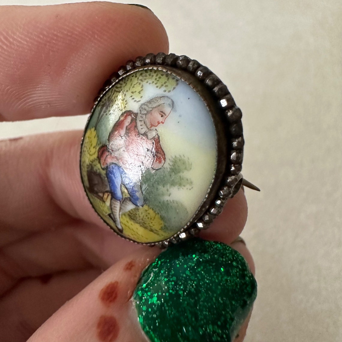 Antique Georgian 1700s Cut Steel Porcelain Portrait Mother of Pearl Pin ...