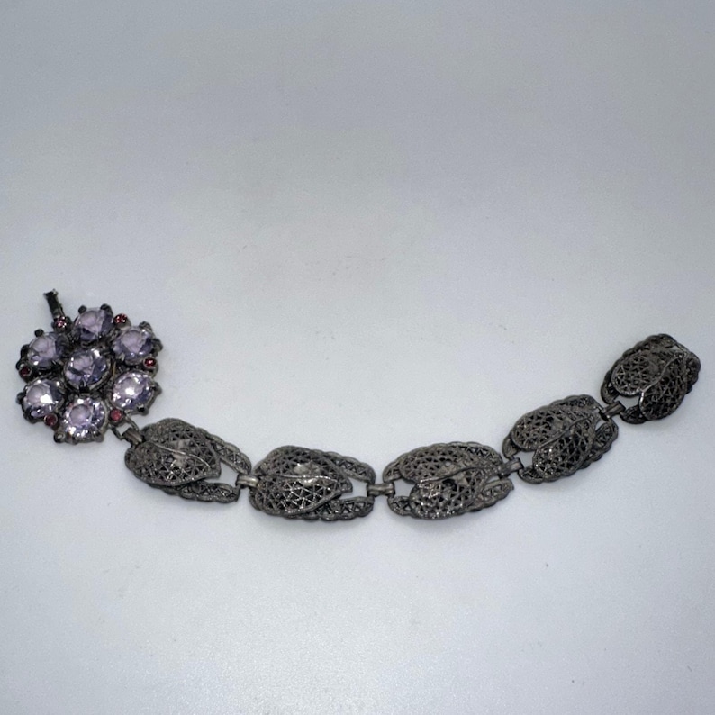 Antique Art Deco Silver Tone Purple Glass Faux Amethyst Gemstones ...