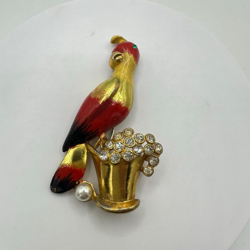 Coro 1940s Vintage Gold Plated Red Enamel Rhinestones Faux Pearl Parrot ...