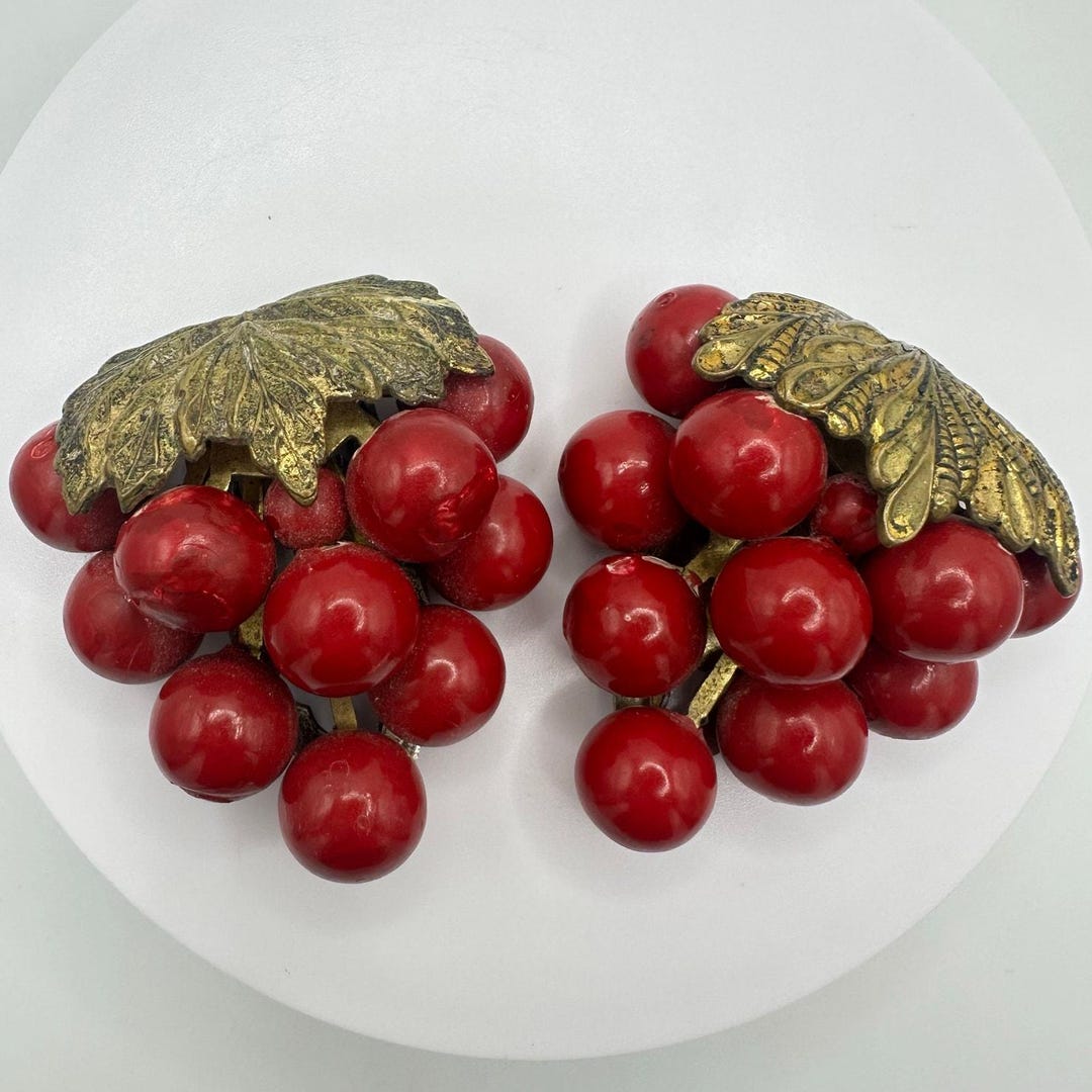 Vintage Antique Set 2 Gold Tone Brass Red Plastic Enameled Grapes Dress ...