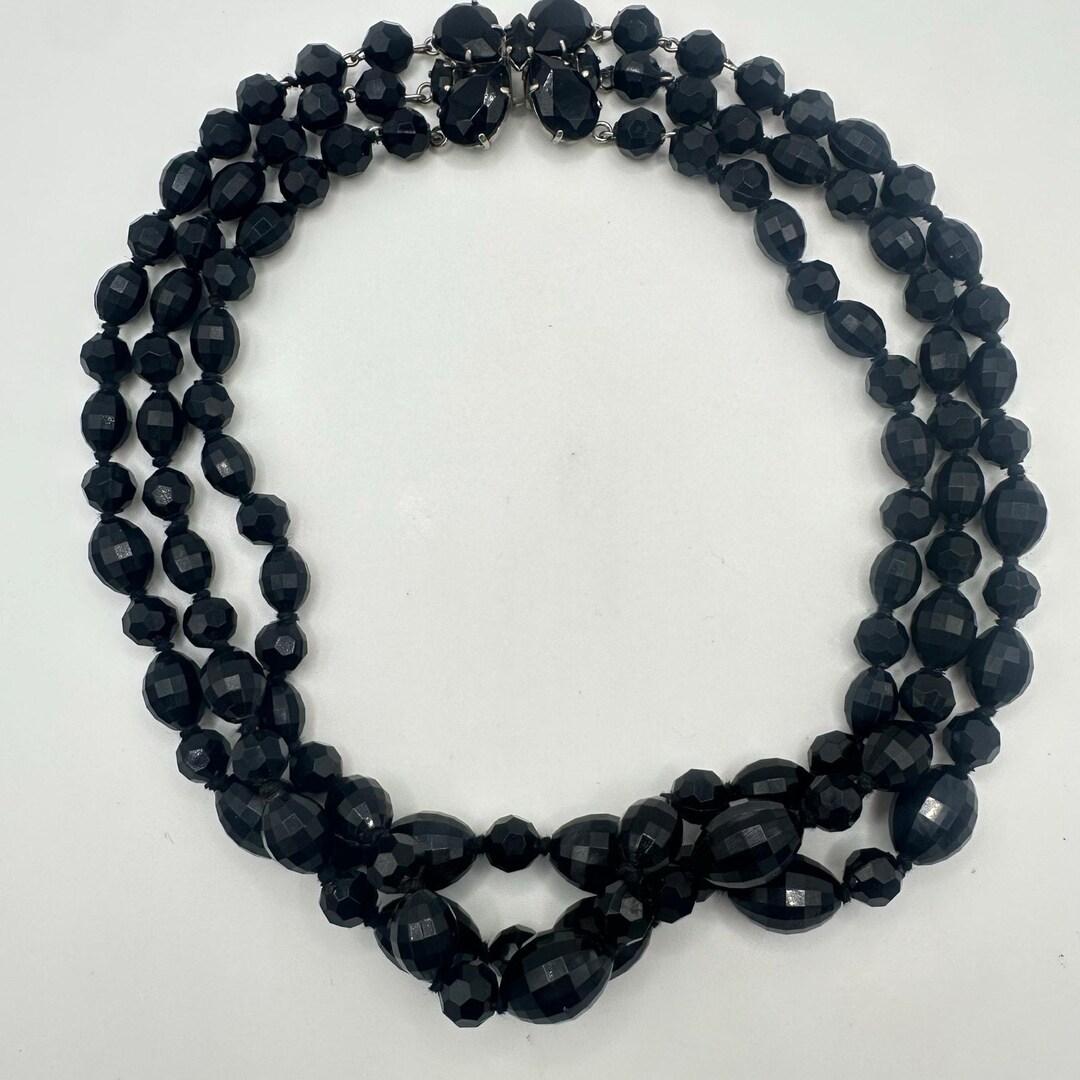 West Germany Vintage Black Lucite Glass Clasp 3 Multi Strand Beaded ...