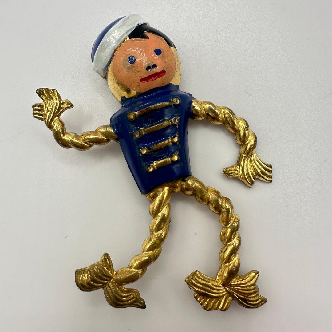 Antique Art Deco 1930s Enamel Brass Boy Bellhop Figural Rope Brooch Pin ...