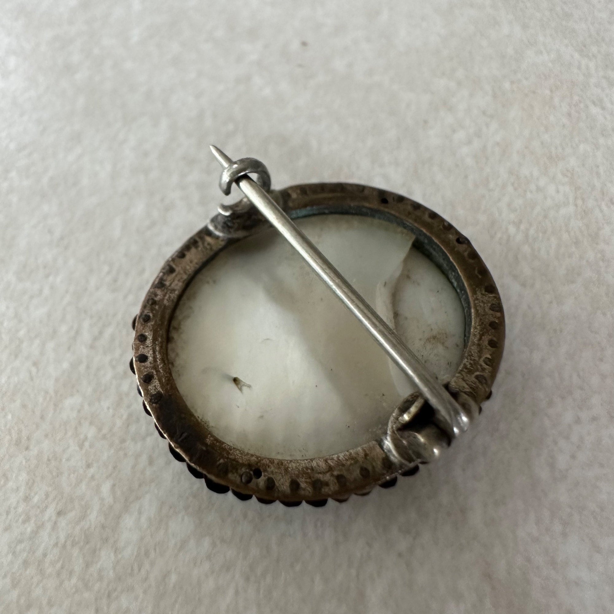 Antique Georgian 1700s Cut Steel Porcelain Portrait Mother of Pearl Pin ...