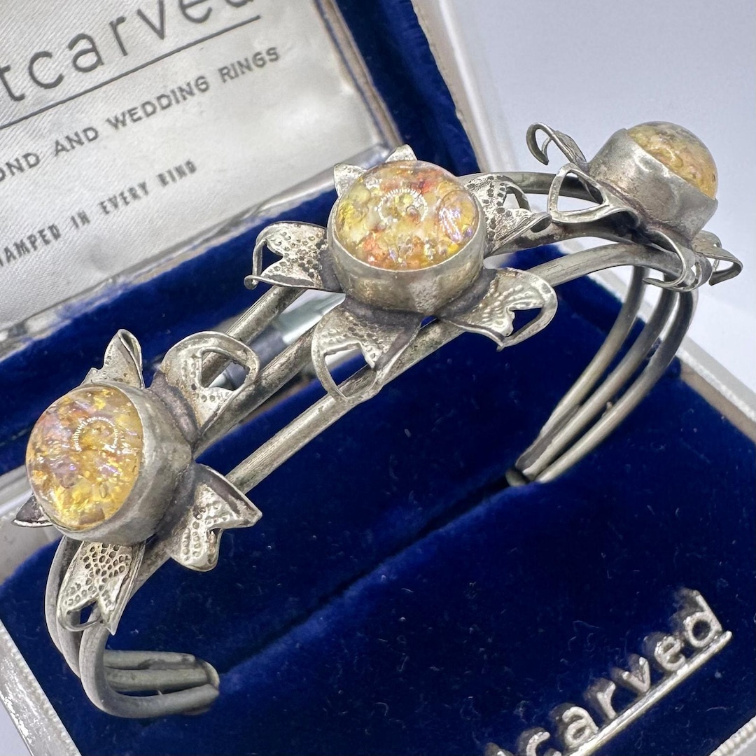 1940s Vintage Silver Alloy Floral Art Glass Cabochons Adjustable Cuff ...