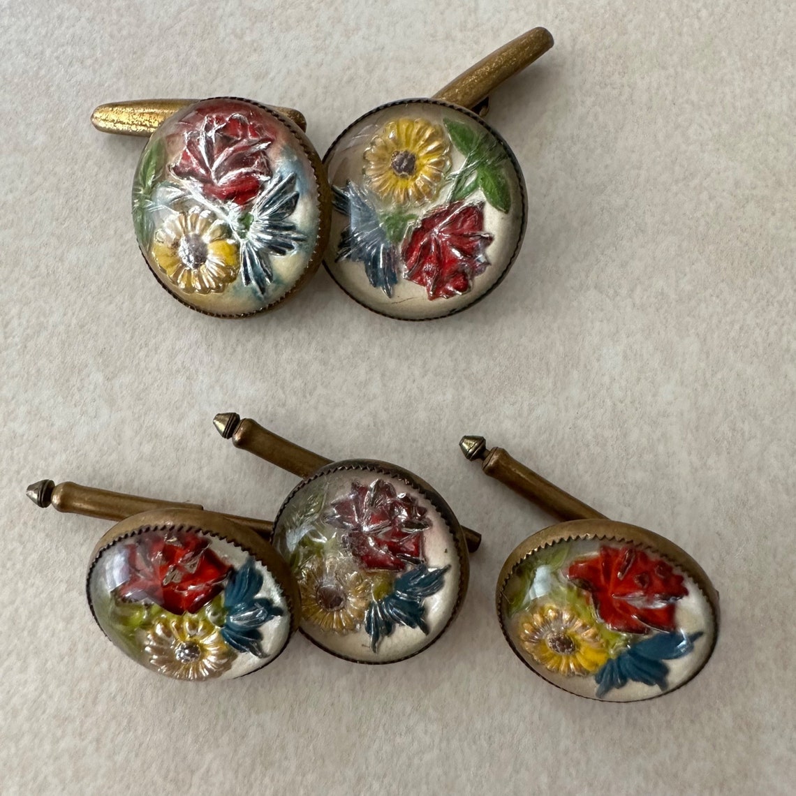 Antique Victorian Brass Goofus Glass Floral Cufflinks Three - Etsy