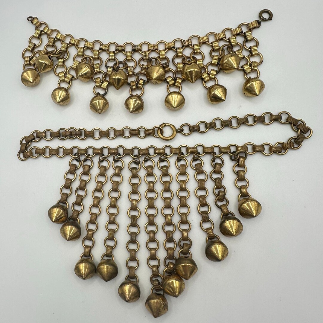 1930s 1940s Vintage Gold Tone Brass Chain Bells Fringe Necklace ...