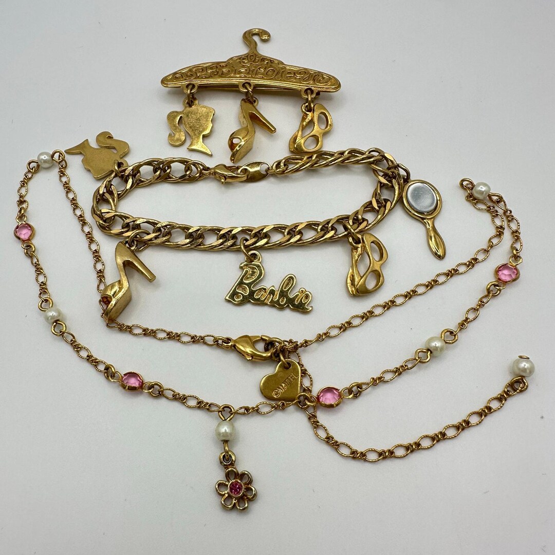 Mattel 1996 Barbie Gold Tone Charms Bracelet Brooch Pink Rhinestone ...