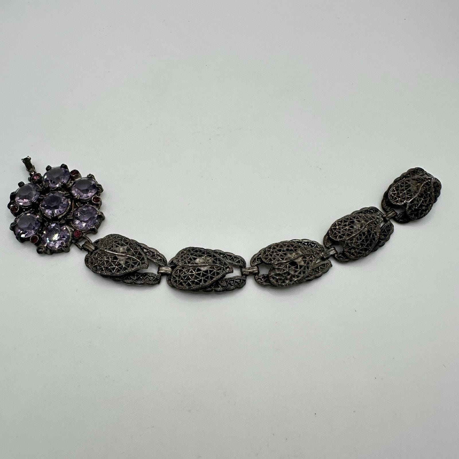 Antique Art Deco Silver Tone Purple Glass Faux Amethyst Gemstones ...