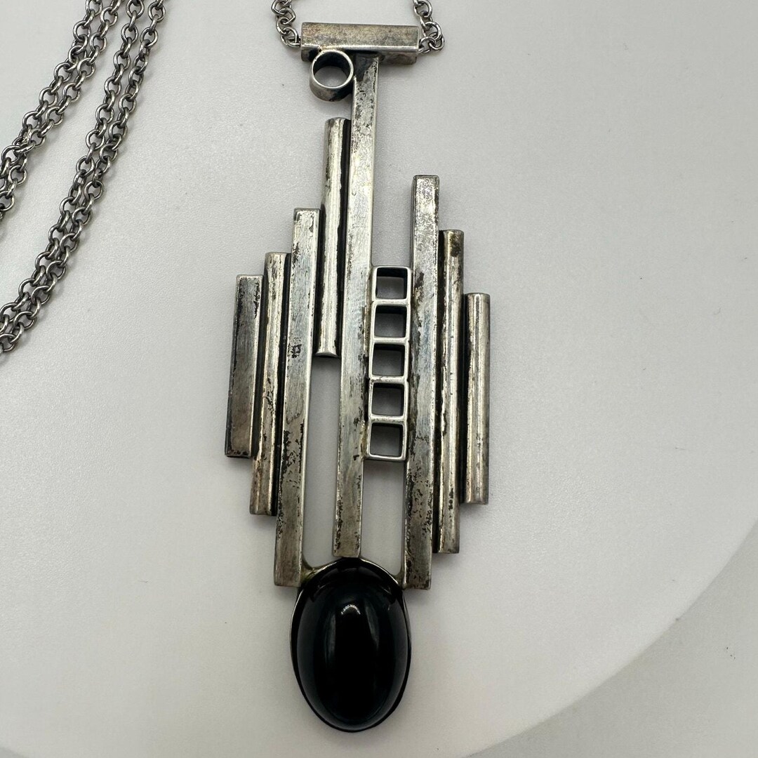 Aaron Rubinstein 1991 Sterling Silver Onyx Modernist Handmade Pendant ...