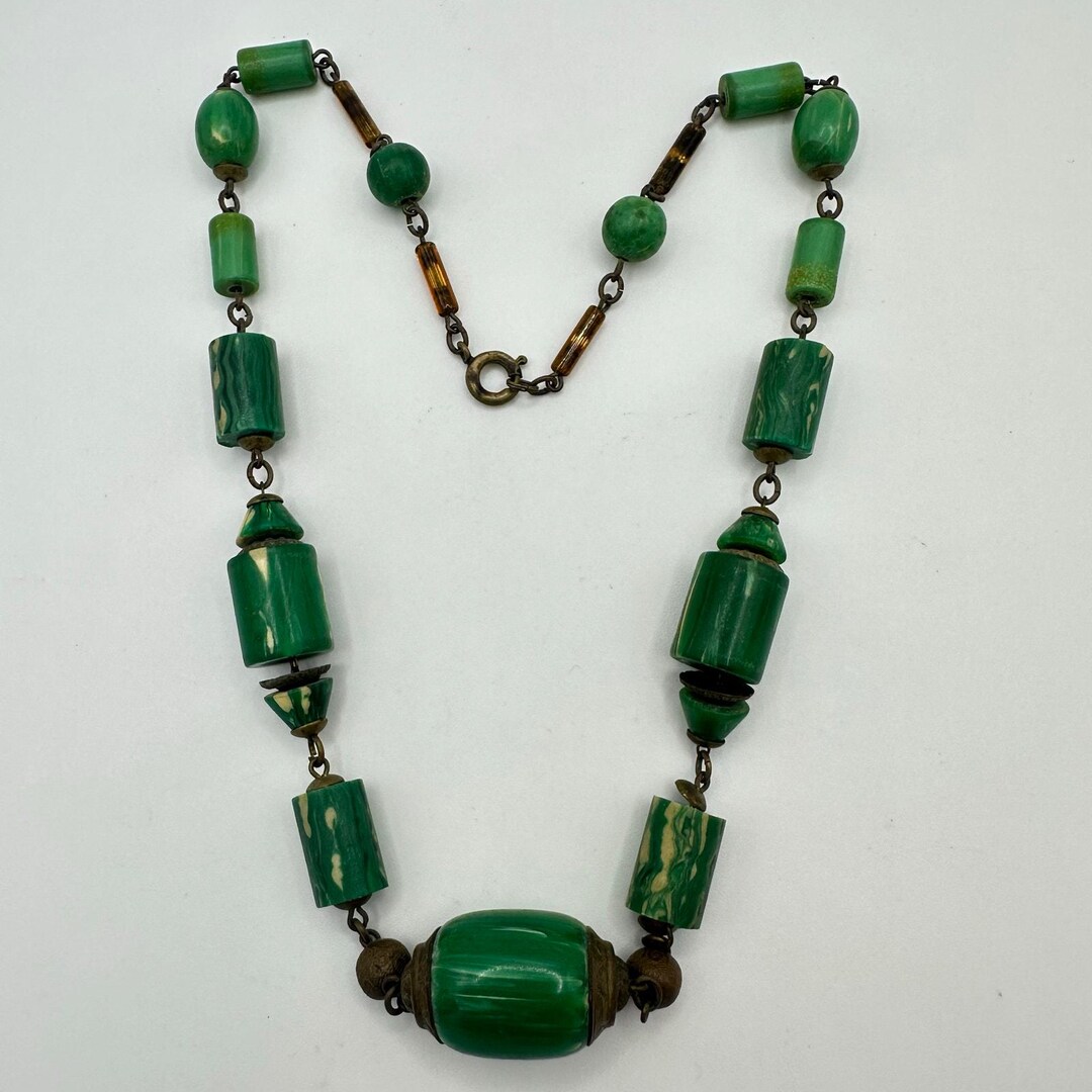 Antique Art Deco 1920s Green Celluloid Beads Glass Brass 16 Necklace - Etsy