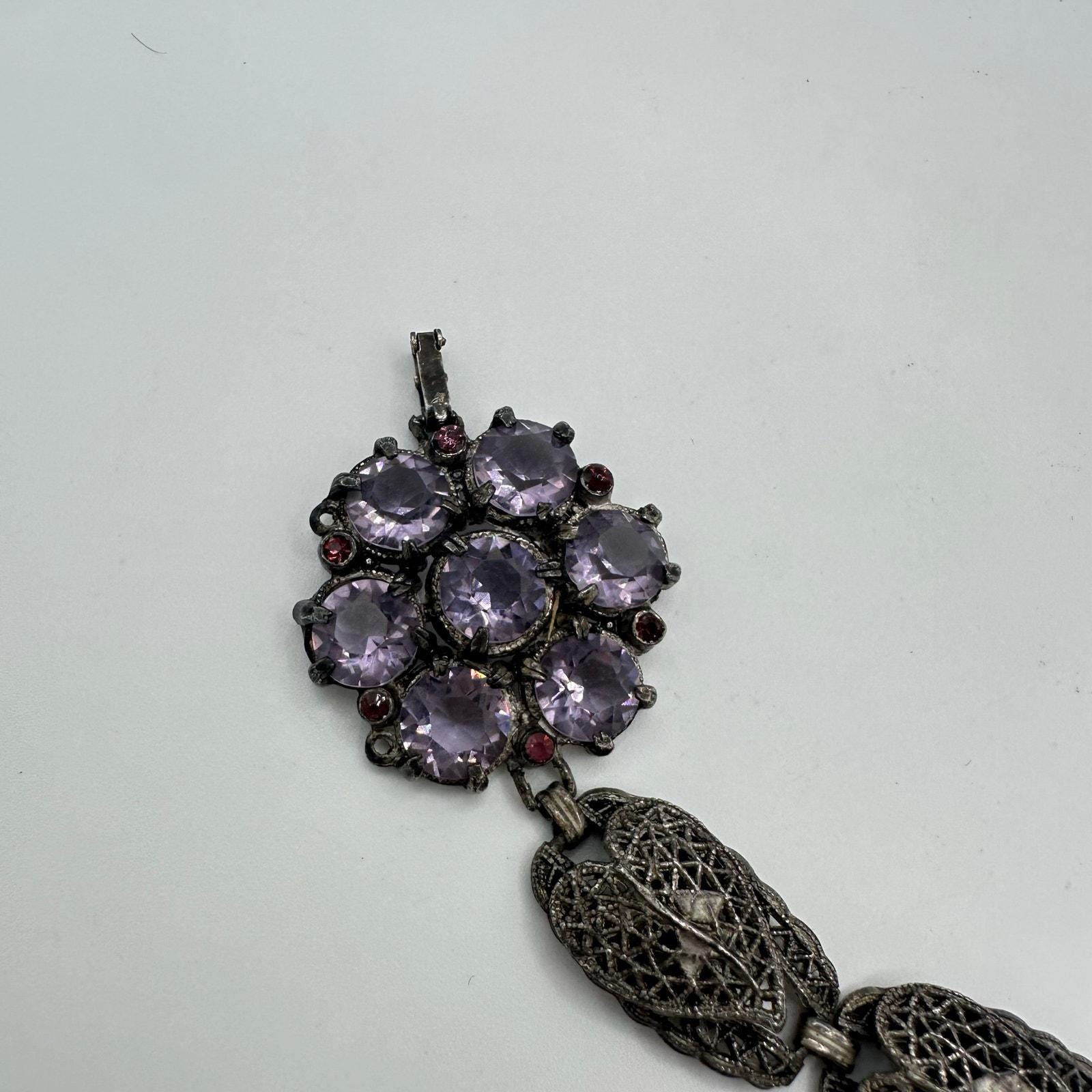 Antique Art Deco Silver Tone Purple Glass Faux Amethyst Gemstones ...