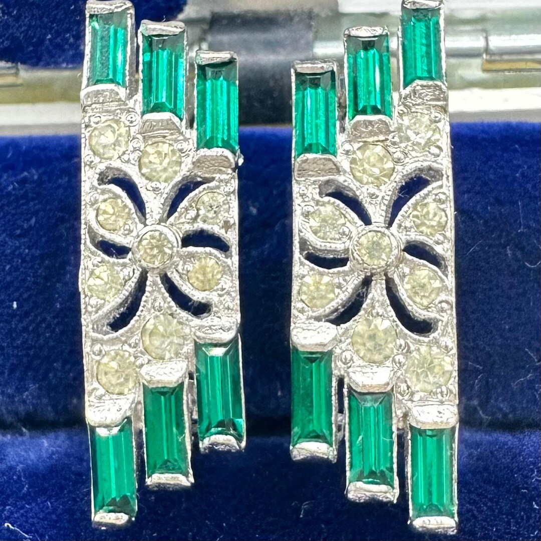 Panetta Vintage Silver Tone Clear Emerald Green Rhinestones Clip on ...