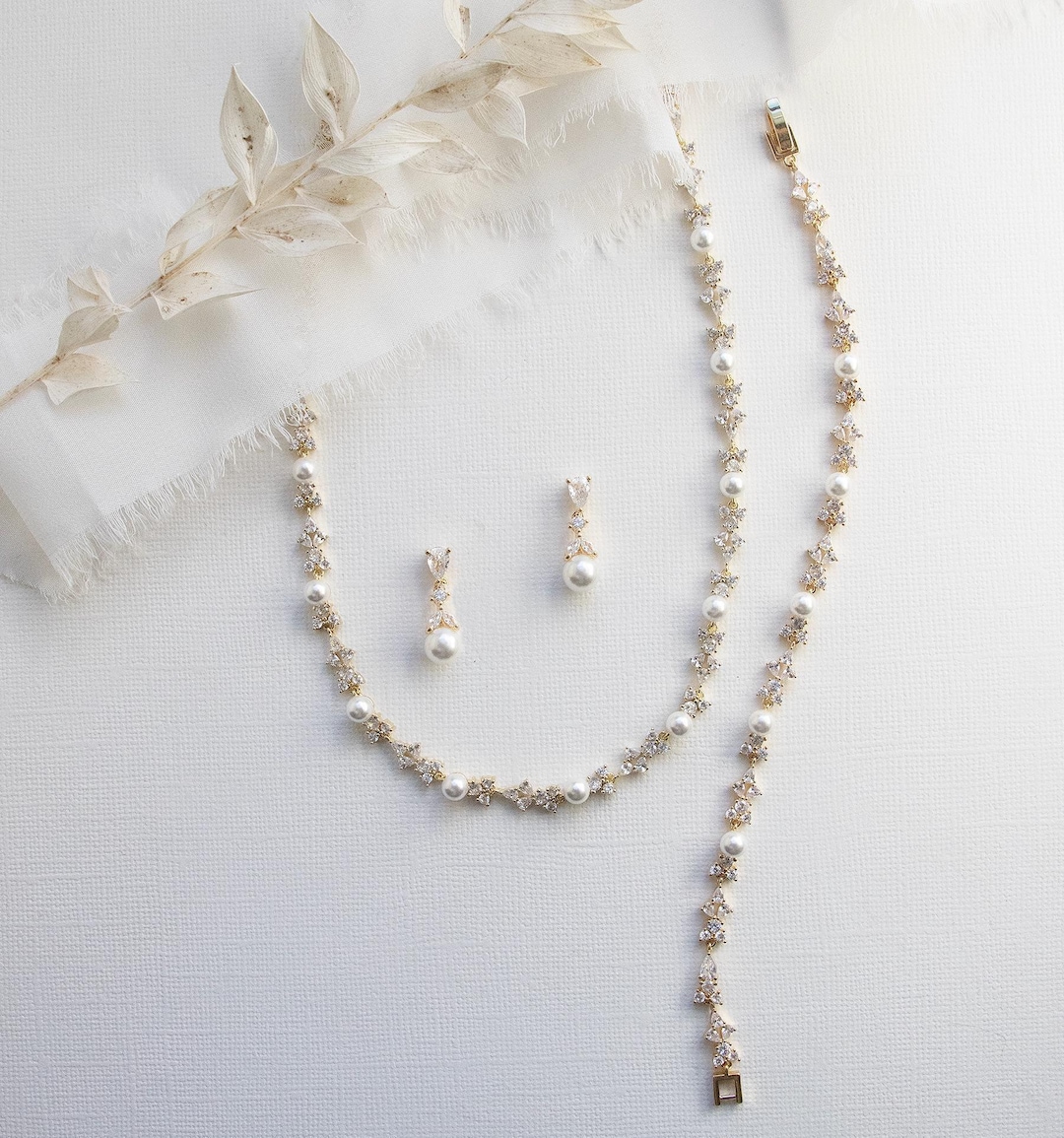 Gold Pearl Collar Necklace Jewelry Set, Wedding Jewelry With Pearls ...