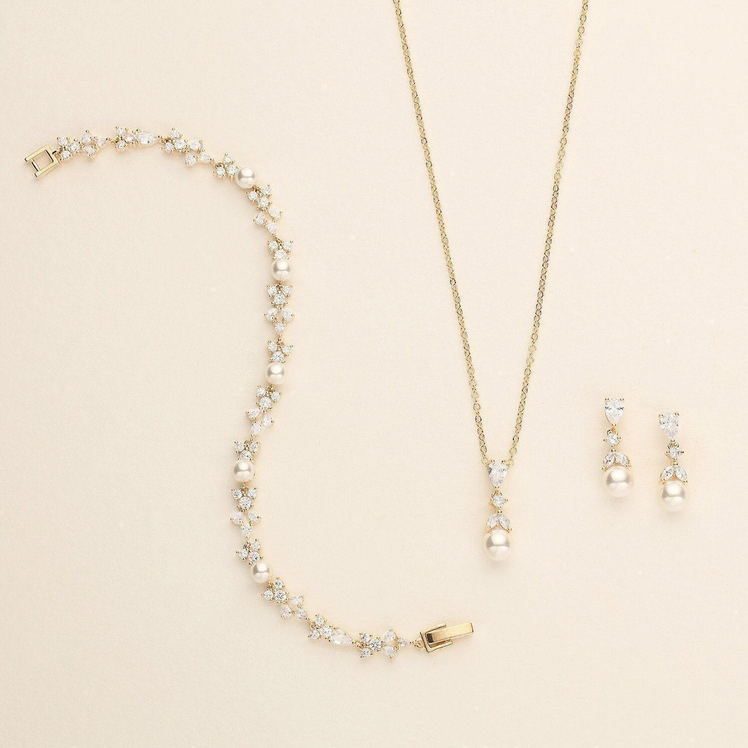 Gold Pearl Jewelry Set, Pearl Wedding Jewelry, Gold Wedding Jewelry ...
